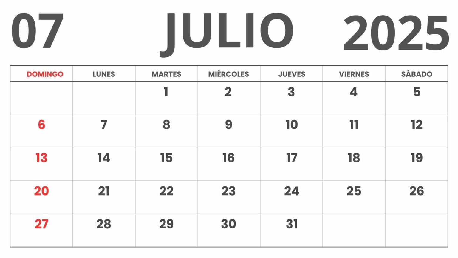 Calendario Julio 2025 Imprimible, Obtenga Calendario Julio 2025 en PDF