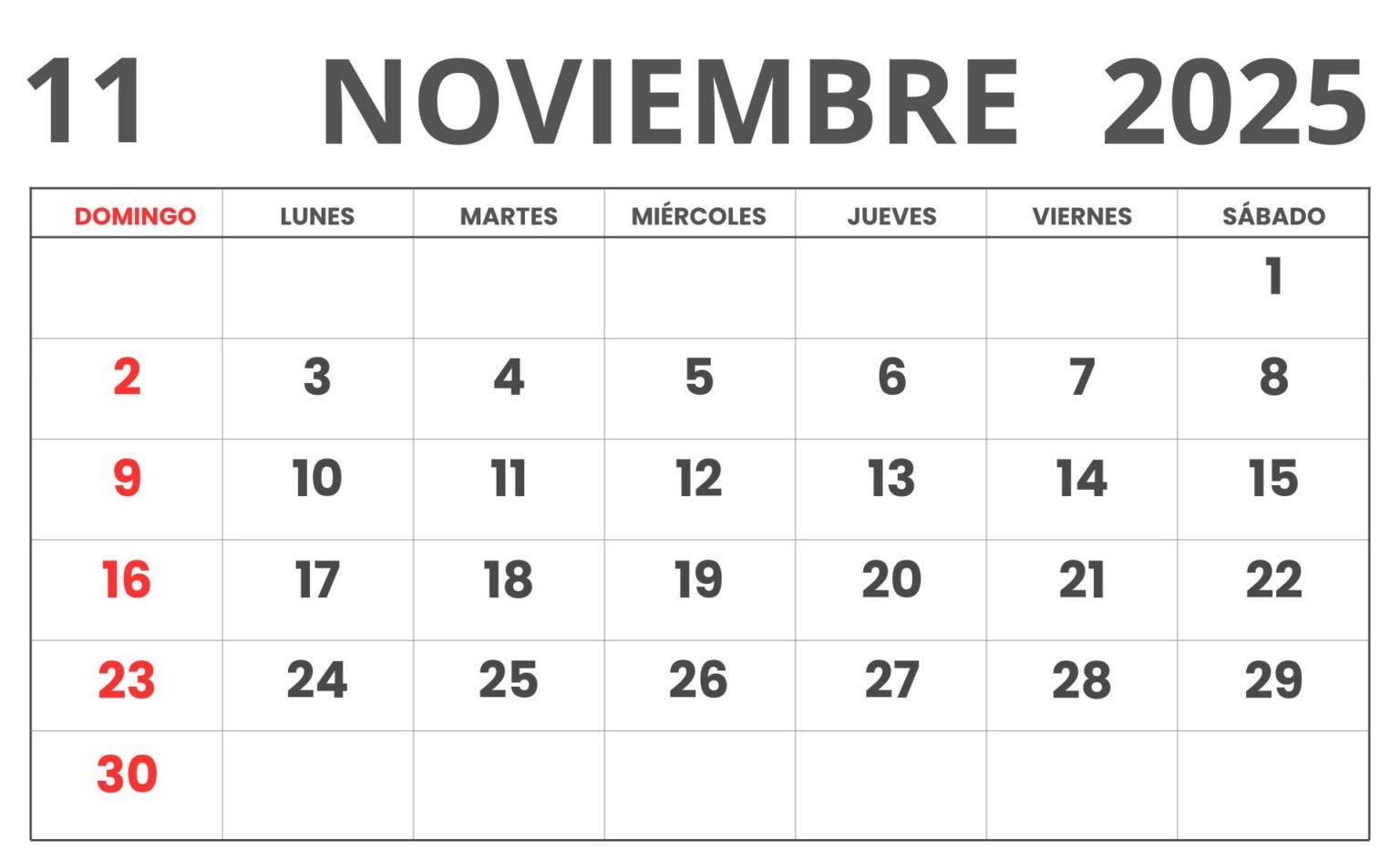 Calendario Noviembre 2025, Obtenga Calendario Noviembre 2025 Imprimible en PDF