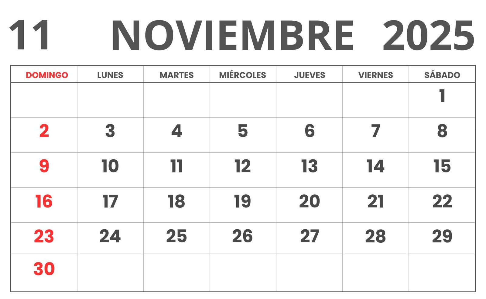 Calendario Noviembre 2025, Obtenga Calendario Noviembre 2025 Imprimible en PDF