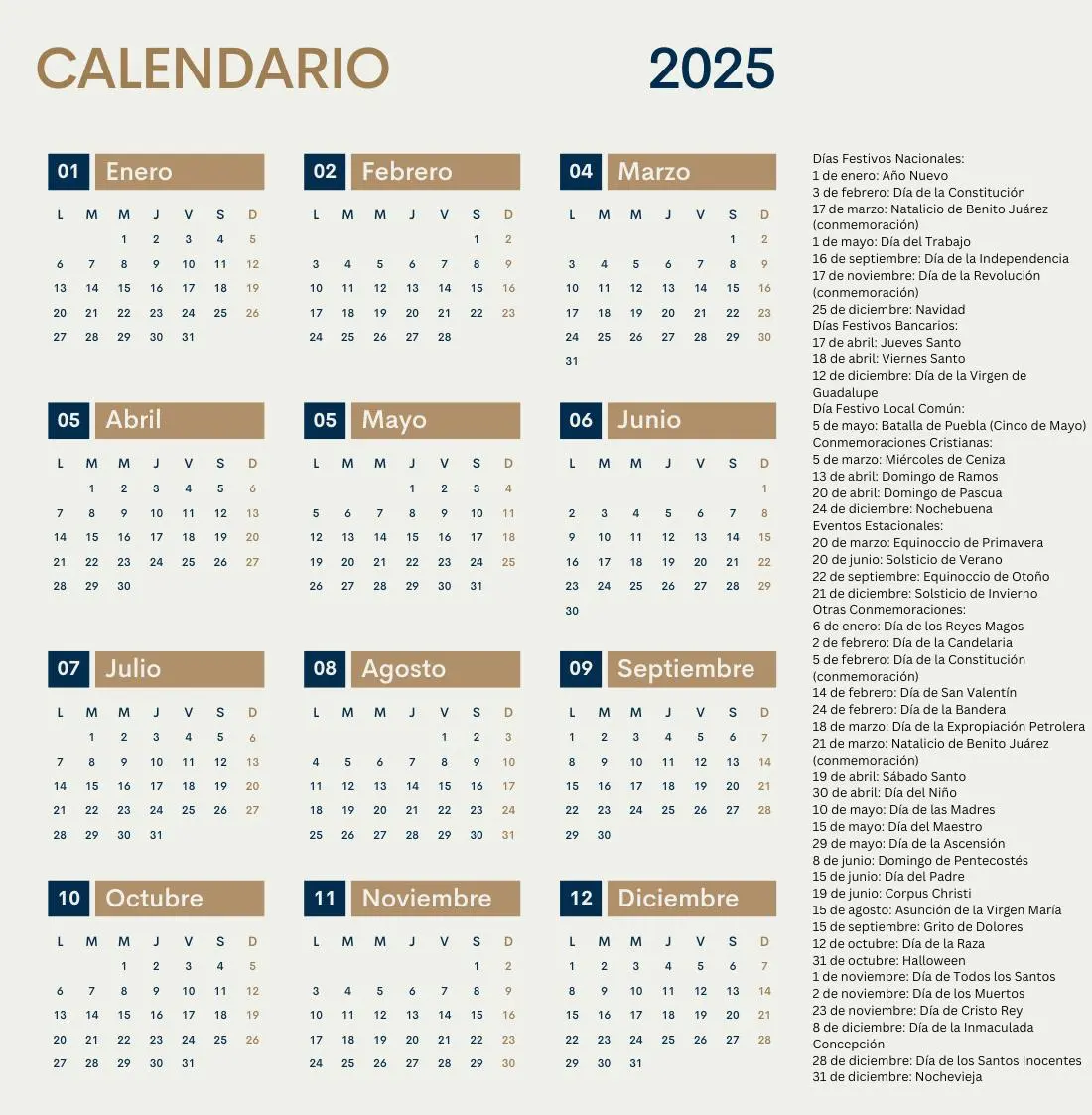 Calendario 2025 México, Ver los Festivos y Días Especiales completos de 2025 en México